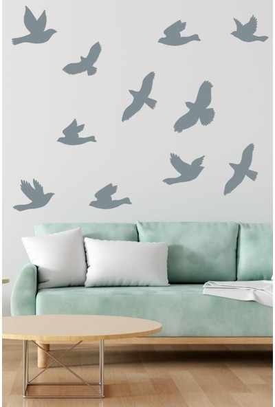 Hediyepostası Uçan Kuşlar Dekoratif Duvar Sticker Kuş Sürüsü Gri (22 Adet)