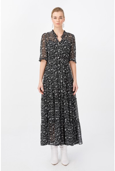 Ekol Çiçek Desenli Uzun Elbise