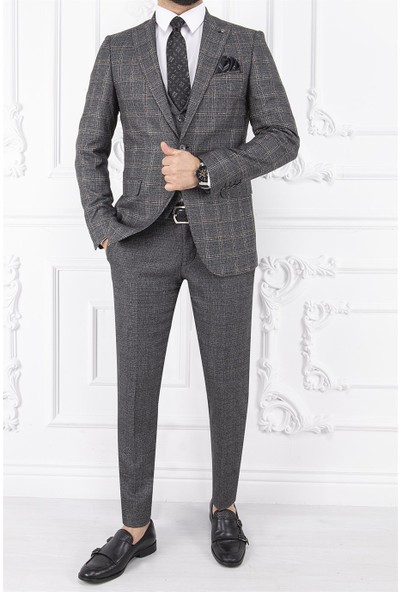 Paco Romano Erkek Slim Fit Sivri Yaka Ekose Yelekli Koyu Kombin Takım Elbise Paco Romano Erkek Slim Fit Sivri Yaka Ekose Yelekli Koyu Kombin Takım Elbise