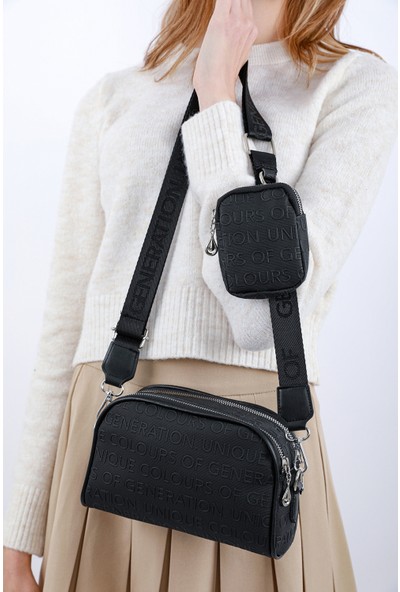 Madamra Siyah Kadın Desenli Cüzdan Aksesuarlı Çanta