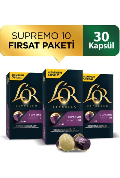 L'or - Supremo - Intensity 10 - Nespresso Uyumlu Kapsül Kahve Fırsat Paketi 10 x 3 Paket (30 Adet) L'or - Supremo - Intensity 10 - Nespresso Uyumlu Kapsül Kahve Fırsat Paketi 10 x 3 Paket (30 Adet)