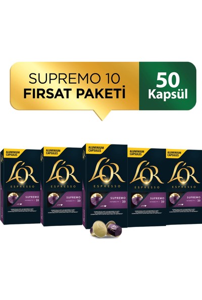 L'or - Supremo - Intensity 10 - Nespresso Uyumlu Kapsül Kahve Fırsat Paketi 10 x 5 Paket (50 Adet) L'or - Supremo - Intensity 10 - Nespresso Uyumlu Kapsül Kahve Fırsat Paketi 10 x 5 Paket (50 Adet)