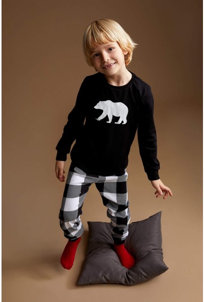 DeFacto Erkek Çocuk Regular Fit Bisiklet Yaka Kareli Pamuklu Uzun Kollu Pijama Takım V9824A621CW