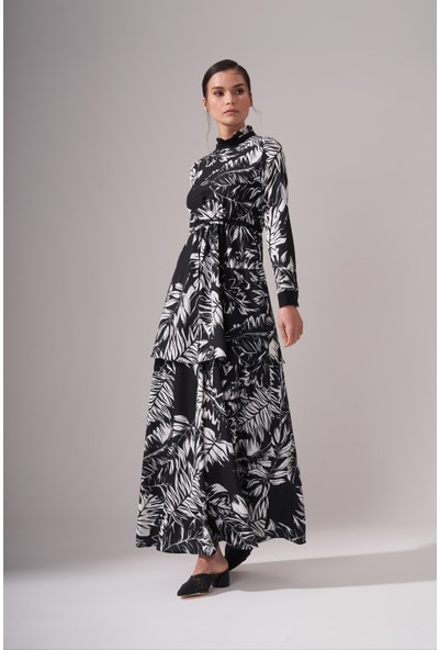 Mizalle Siyah Beyaz Desenli Elbise (Desenli)