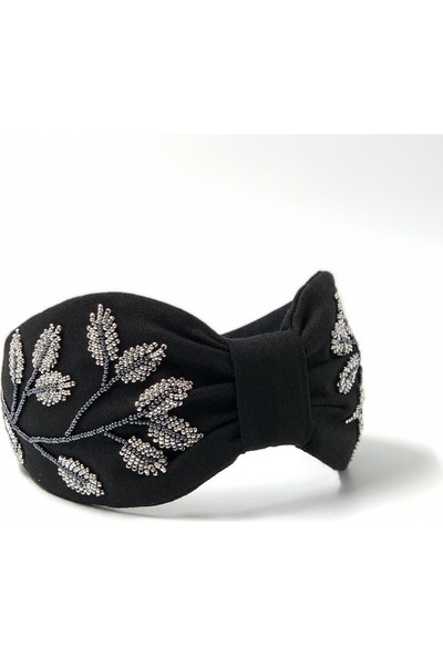 Zelice Yapraklıdal Taş ve Boncuk Işlemeli Siyah Taç