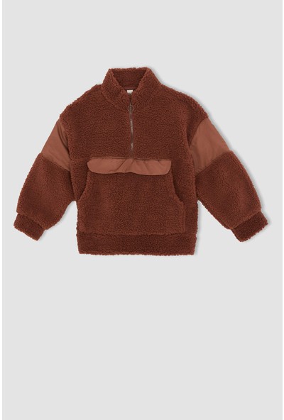 DeFacto Kız Çocuk Relax Fit Dik Yaka Kanguru Cepli Pelüş Isı Yalıtımlı Warmtech Sweatshirt V1395A621WN
