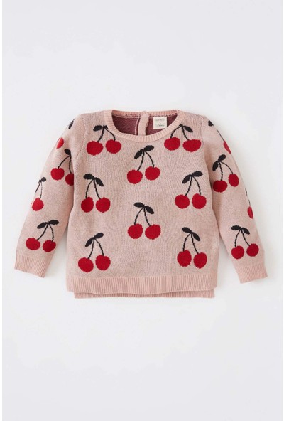 DeFacto Kız Bebek Regular Fit Kiraz Desenli Bisiklet Yaka Kazak W3983A221WN