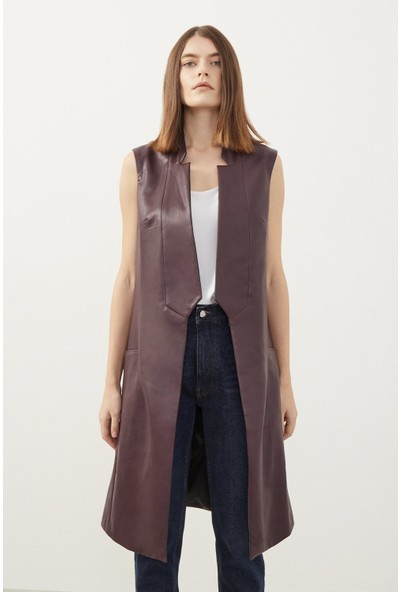 Just Like You Bordo Deri Görünümlü Kolsuz Uzun Yelek