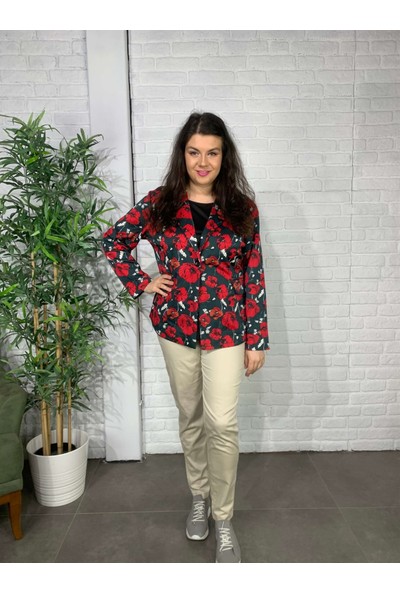 Roxxlen Kadın Çok Renkli Büyük Beden Çiçek Desenli Ceket - 5063