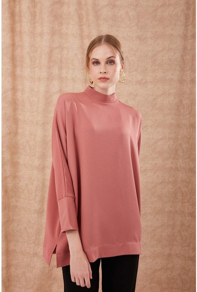 Mizalle Yarım Balıkçı Yaka Gül Kurusu Salaş Tunik