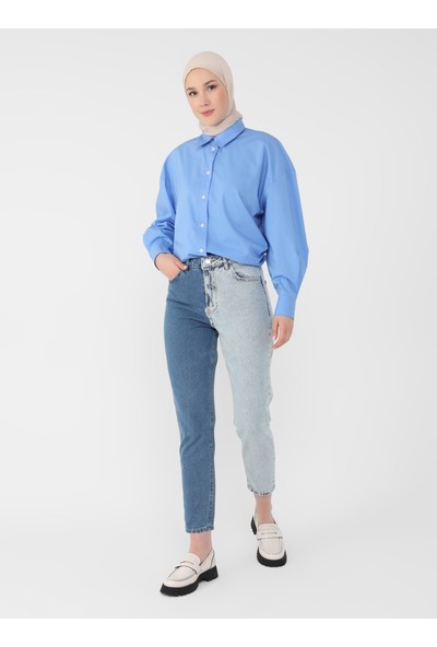 Benin Renk Bloklu Boyfirend Kalıp Kot Pantolon - Mavi - Benin