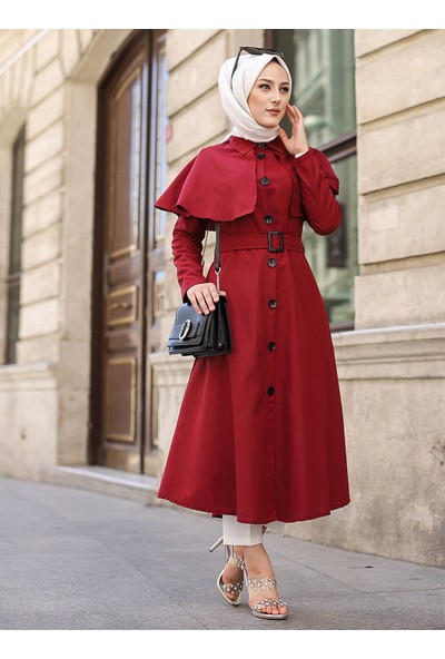 Tofisa Boydan Düğmeli Kemerli Trençkot - Bordo - Tofisa