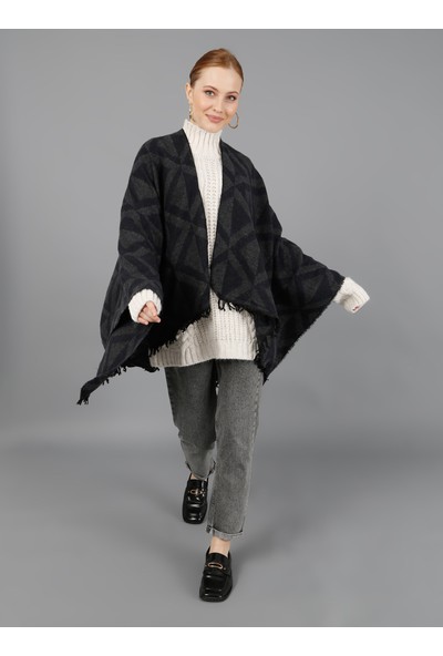 Mervin Şal Üçgen Baklava Desenli Panço - Lacivert - Mervin Şal