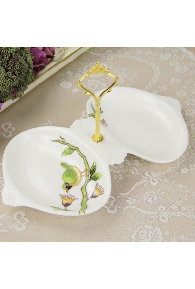Es Dekor Kabartma Kuş Desenli 2li Çerezlik Bone China Kuş Desenli Ikili Çerezlik