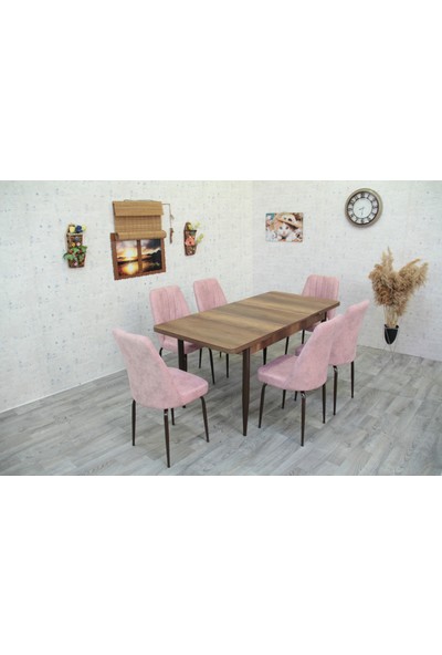 Uğurmob Lüx Barok-Kahve Ayaklı-Açılır Masa-Sandalye Takımı 6 Sandalyeli