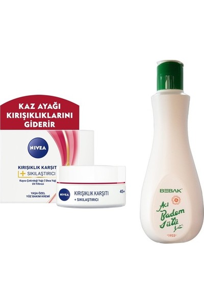 Nivea Kırışıklık Karşıtı Sıkılaştırıcı 45 + Yaş Krem ve Bebak Temizleme Sütü 215 ml + Flormar Oje Nivea Kırışıklık Karşıtı Sıkılaştırıcı 45 + Yaş Krem ve Bebak Temizleme Sütü 215 ml + Flormar Oje