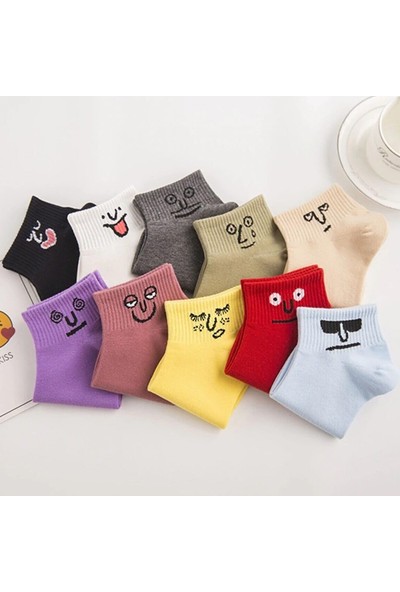 Nora 10'lu Renkli Yüz Desenli Patik Çorap