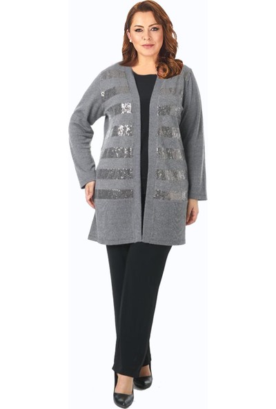 Lilas Xxl Büyük Beden Gri Renkli Triko Ceket