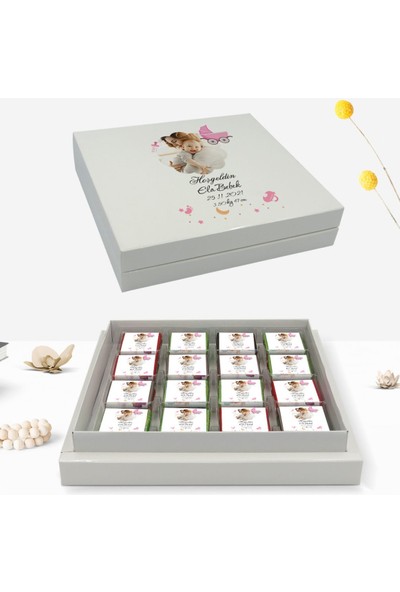 Bk Kişiye Özel Kutuda Hoş Geldin Bebek Tasarımlı 32'lı Madlen Çikolata Hediye Seti Pembe-1