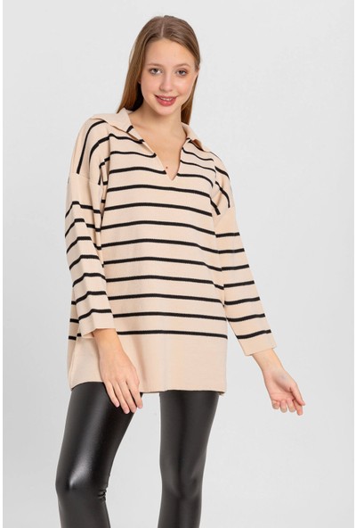 Coral V Yaka Çizgili Kazak Bej - Siyah