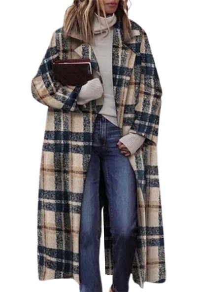 Farfi Kadınlar Için Uzun Model Ekose Desen Kışlık Kaban (Yurtdışından)