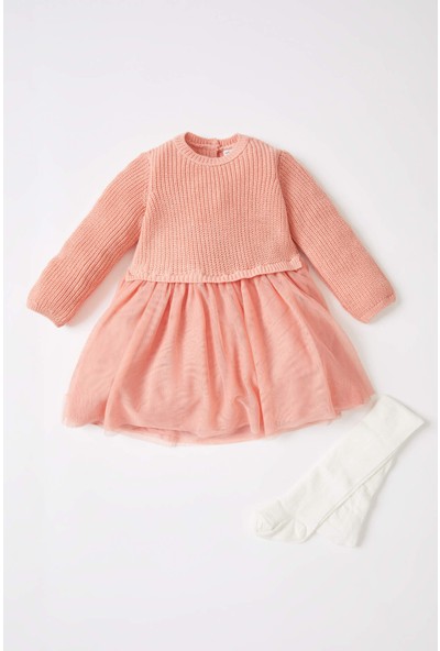 DeFacto Kız Bebek Bisiklet Yaka Tüllü Uzun Kollu Triko Elbise U7346A221CW