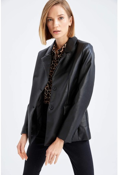 DeFacto Regular Fit Cep Detaylı Su İtici Suni Der Blazer Ceket V3714AZ22SP