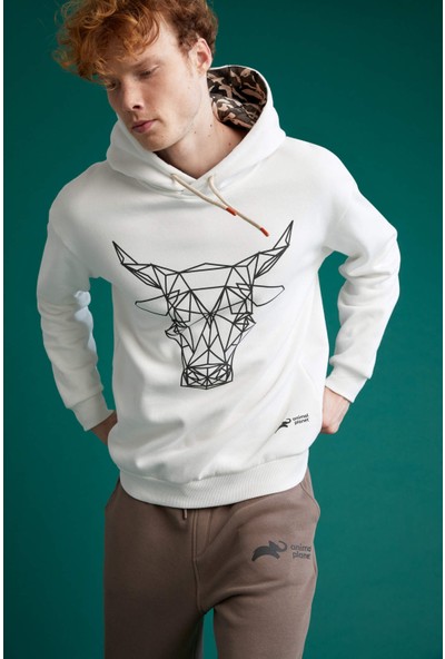 DeFacto Defacto Fit Animal Planet Lisanslı Kapüşonlu İçi Yumuşak Tüylü Sweatshirt W3719AZ21WN