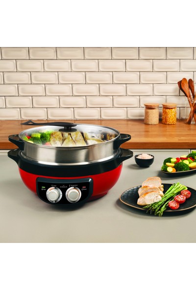 Karaca Mutfaksever 4in1 XXL Elektrikli Hızlı Pişirici Izgara/Sulu yemek/Kızartma/Buharlı tencere 2000 W Karaca Mutfaksever 4in1 XXL Elektrikli Hızlı Pişirici Izgara/Sulu yemek/Kızartma/Buharlı tencere 2000 W