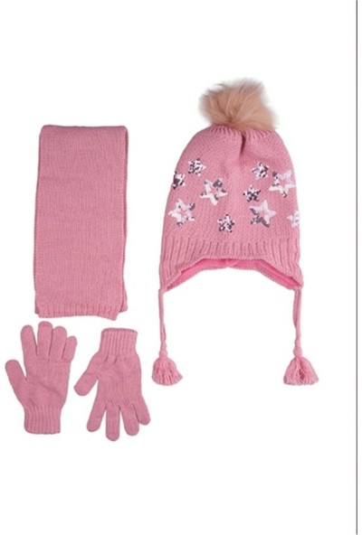 Kitti Yıldızlı Kız Çocuk Atkı Bere Eldiven Takımı