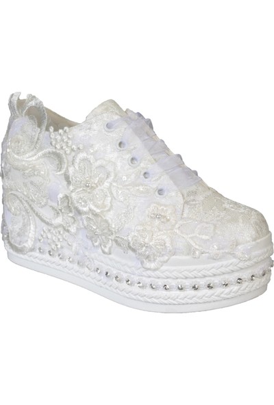 Yaz Kış Ayakkabı Yaz Kış 8 cm Dolgu Dantelli Incili Gelin Ayakkabısı