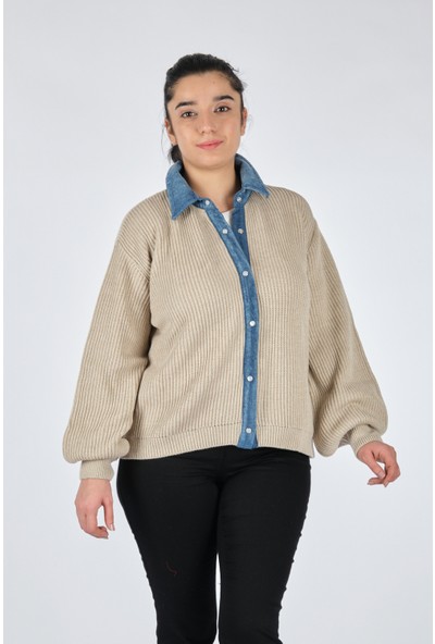 Unique Mode Gömlek Yaka Bej Bayan Hırka UW221011