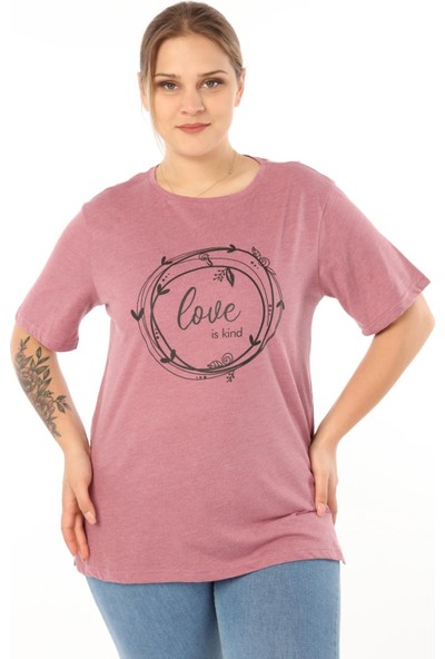 Pianoluce Kadın Büyük Beden Bluz Tshirt Baskılı Pamuklu T-Shirt Bordo ANNA82