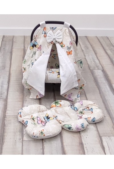 mordesign Ortopedik Puset Minderi, Örtüsü ve Çarşaf 3'lü Set, Pamuklu Kumaş, Kelebek Desen, Krem Renk
