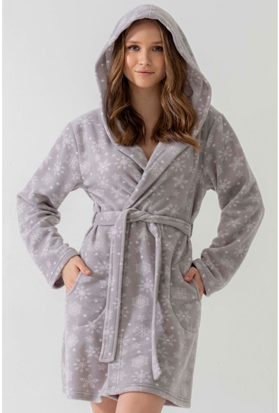 TopTrend Kadın Polar Uzun Kol Normal Beden Gri Melanj Sabahlık