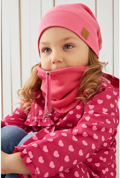 Babygiz Kız Bebek Çocuk Pembe Ip Detaylı Şapka Bere Boyunluk Takım Rahat %100 Pamuklu Kaşkorse Yerli