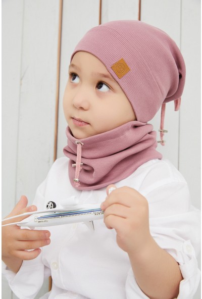 Babygiz Erkek Bebek Çocuk Gül Kurusu Ip Detaylı Şapka Bere Boyunluk Takım Rahat %100 Pamuklu Kaşkorse