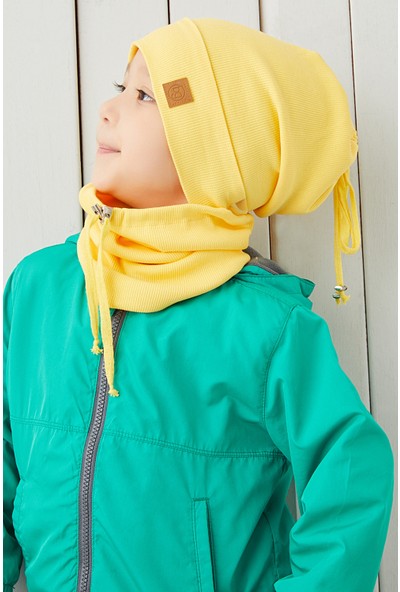 Babygiz Erkek Bebek Çocuk Sarı Ip Detaylı Şapka Bere Boyunluk Takım Rahat %100 Pamuklu Kaşkorse