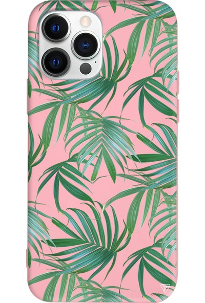 Trihed iPhone 13 Pro Max Pembe Renkli Silikon Palmiye Yaprakları Telefon Kılıfı