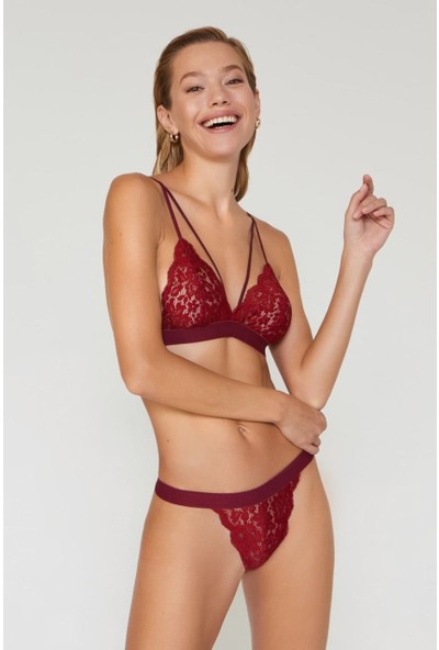 Cansoy Velvet Dantelli Üçgen Bordo Bralet Takım 1 556T Cansoy Velvet Dantelli Üçgen Bordo Bralet Takım 1 556T