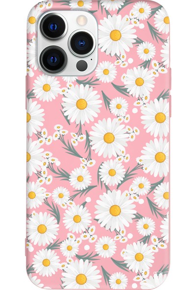 Trihed iPhone 13 Pro Max Pembe Renkli Silikon Papatya 4 Telefon Kılıfı