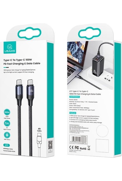 Usams US-SJ524 Örgülü 1.2m Type-C To Type-C 100W Pd Hızlı Şarj ve Data Kablosu Usams US-SJ524 Örgülü 1.2m Type-C To Type-C 100W Pd Hızlı Şarj ve Data Kablosu