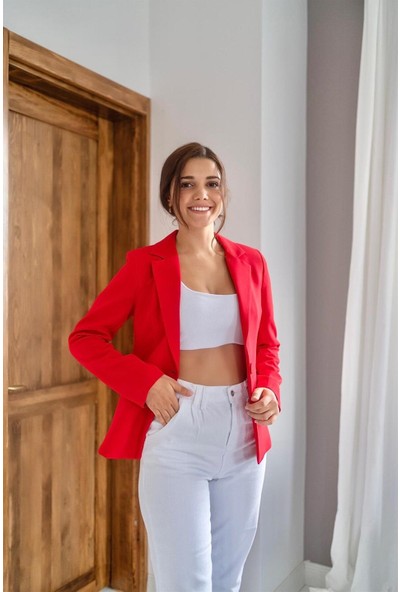 Elbee Tek Düğmeli Kadın Ceket - Kırmızı