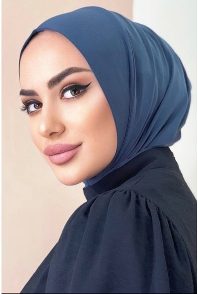 Mooncorn Kadın Tesettür Koyu Mavi Çıtçıtlı Boyunluk Hijap Bone Model Eşarp Şal