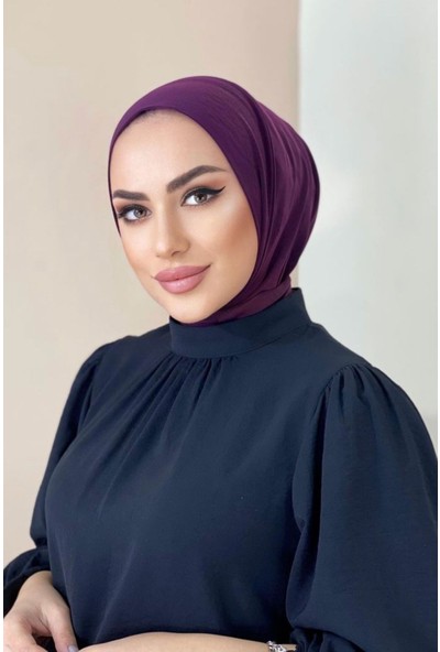 Mooncorn Kadın Tesettür Mor Çıtçıtlı Boyunluk Hijap Bone Model Eşarp Şal