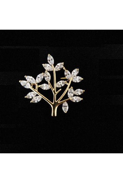 Peri Takı Zirkon Taşlı, Yapraklı Ağaç Figürlü Broş, Gold Peri Takı Zirkon Taşlı, Yapraklı Ağaç Figürlü Broş, Gold