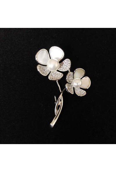 Peri Takı Zirkon ve Sedef Taşlı Incili Çiçekli Broş, Rodyum