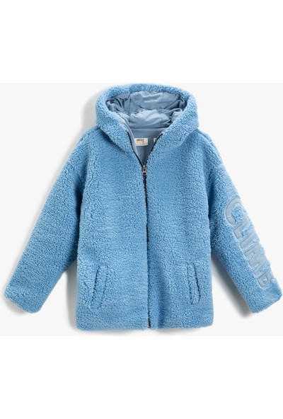 Koton Peluş Kapşonlu Mont Slogan Nakışlı Fermuarlı