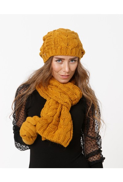 Look Shop Takım 57 Kadın Atkı&bere&eldiven Seti-Hardal