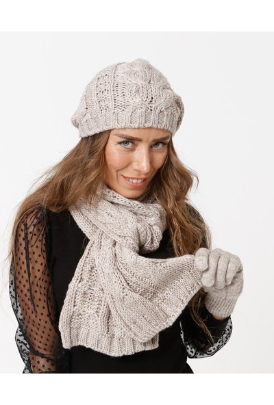 Look Shop Takım 57 Kadın Atkı&bere&eldiven Seti-Taş